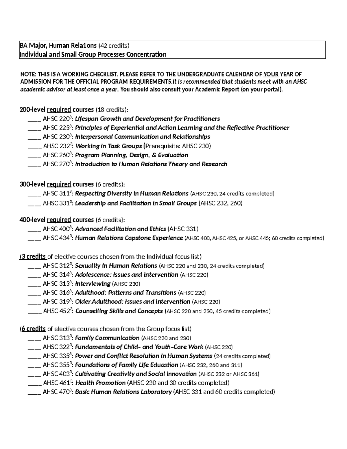 AHSC Individual & Small Group Processes Major Checklist (Human ...