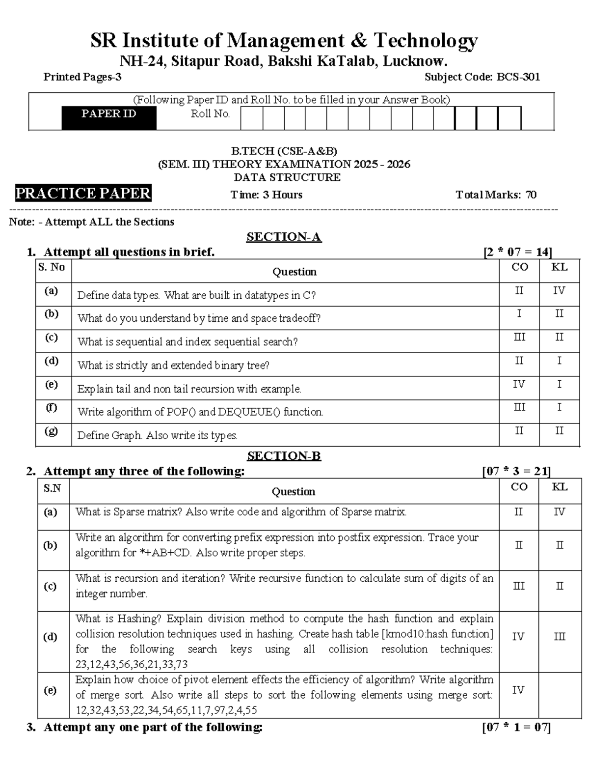 BCS 301 Data Structures Practice Paper - Theory Exam 2025-2026 - Studocu