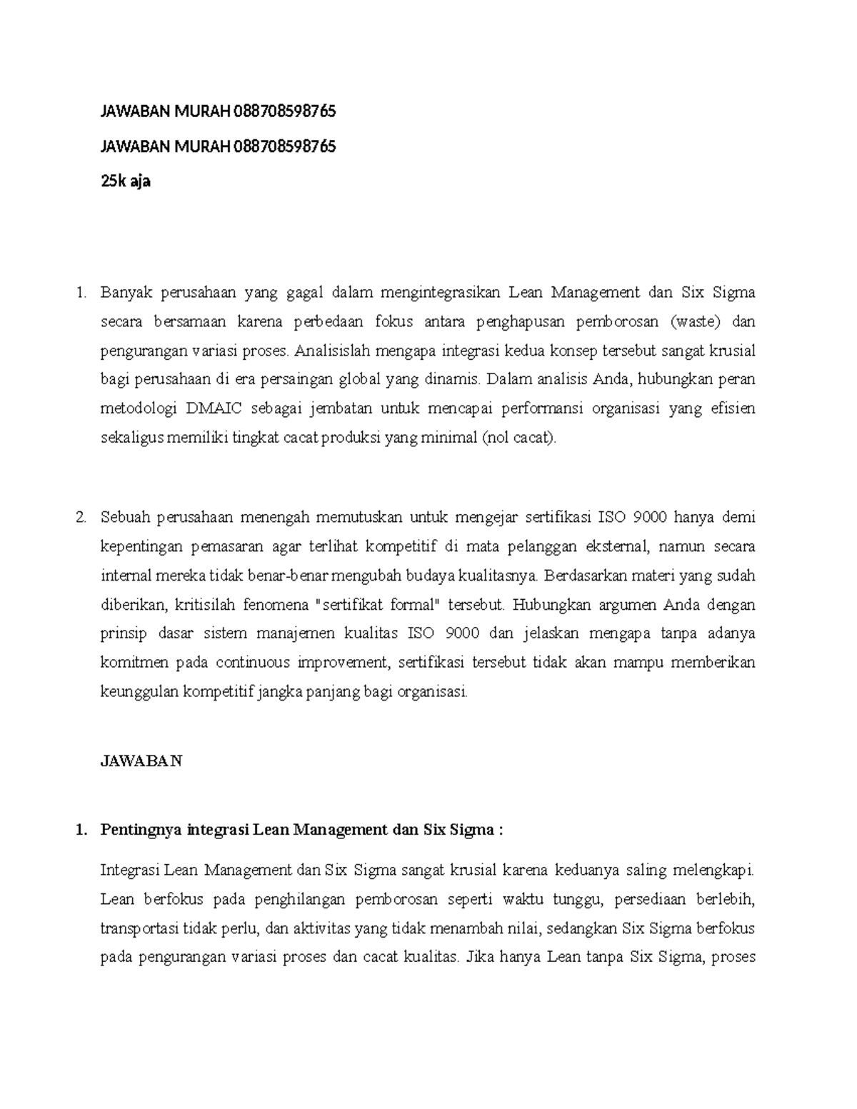Tugas 3 Manajemen Kualitas: Integrasi Lean dan Six Sigma - Studocu