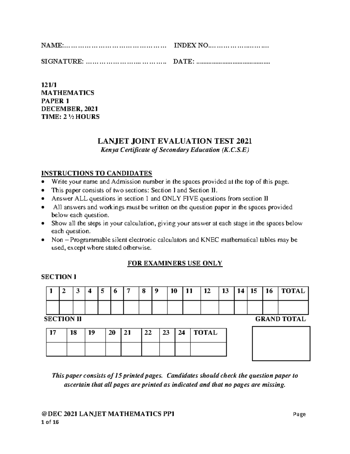 Mathematics Paper 1 Questions - December 2021 - LANJET K.C.S.E. - Studocu