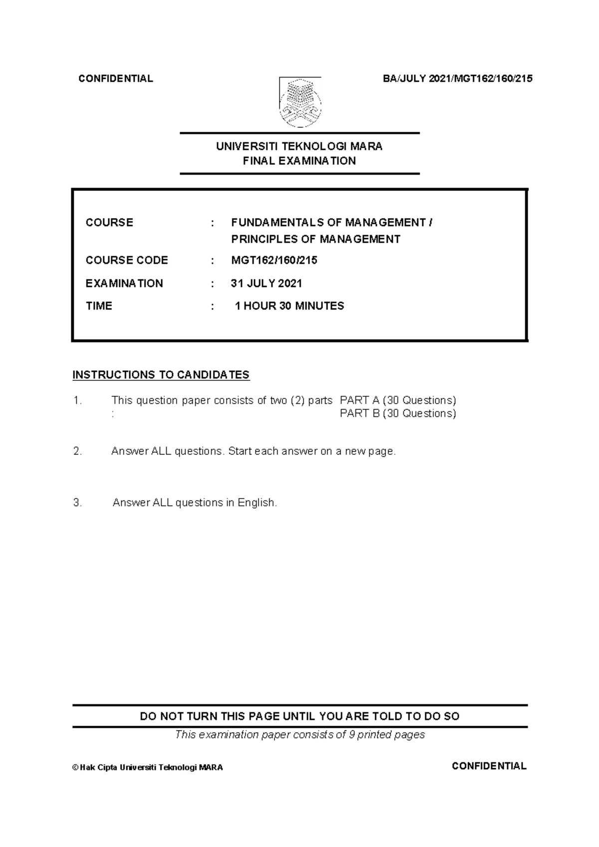 MGT162/160/215 - Final Exam Past Year Paper on Management Principles ...