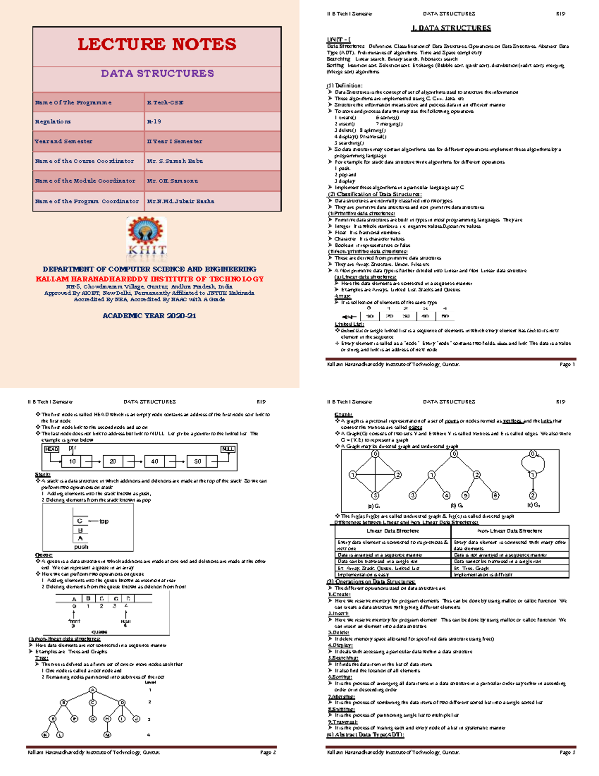 II B.Tech I Semester DATA STRUCTURES R19 - Comprehensive Lecture Notes ...