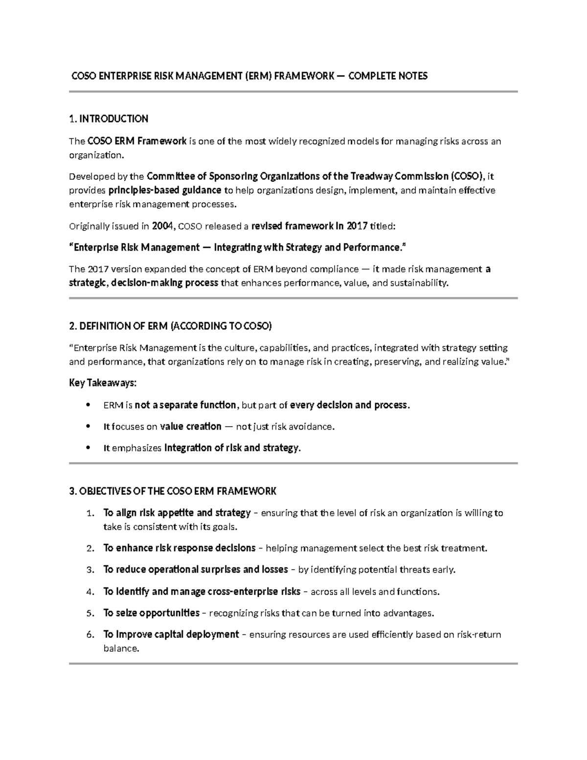 COSO ERM Framework Overview: Key Concepts & Components Notes - Studocu