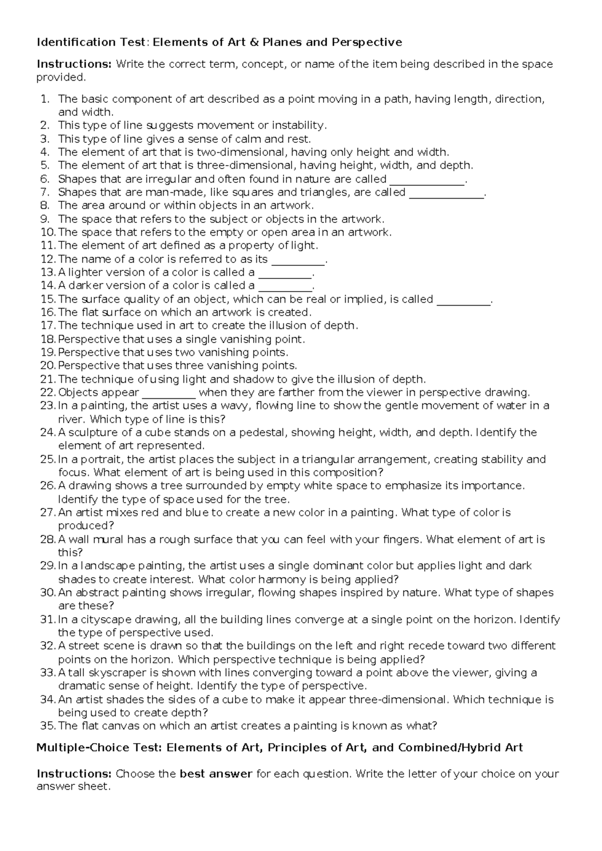 Hum 1 Post Test: Elements of Art & Principles of Art Assessment - Studocu