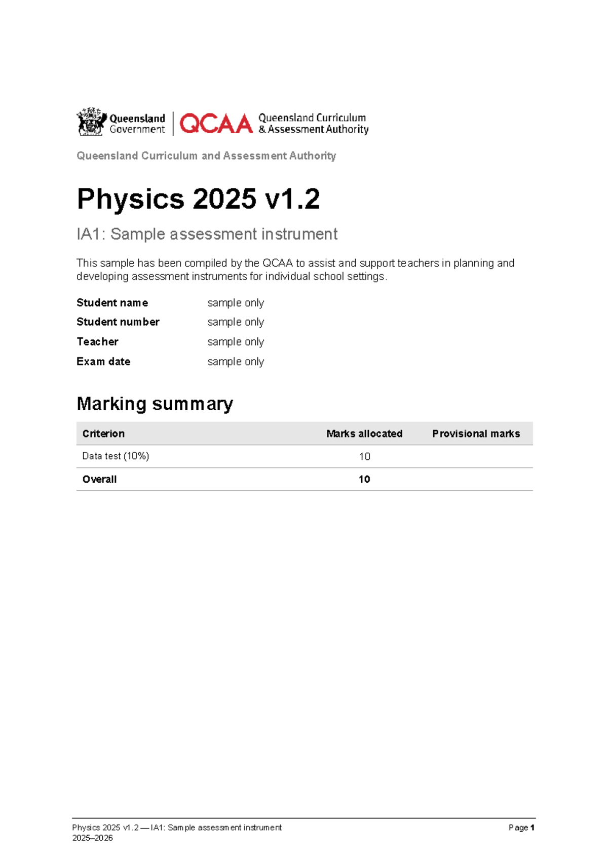 Physics 2025 v1.2 IA1: Sample Assessment Instrument Guide - Studocu