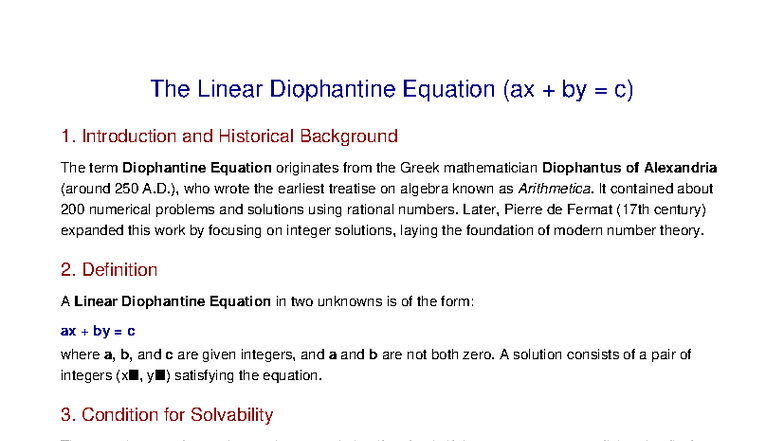 BSc Linear Diophantine Equation Notes: History & Solutions - Studocu