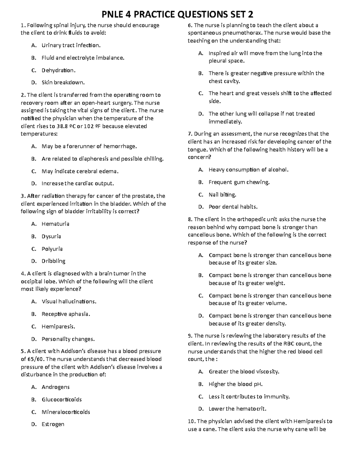 PNLE 4 SET 2 - Practice Questions for Nursing Exam Preparation - Studocu