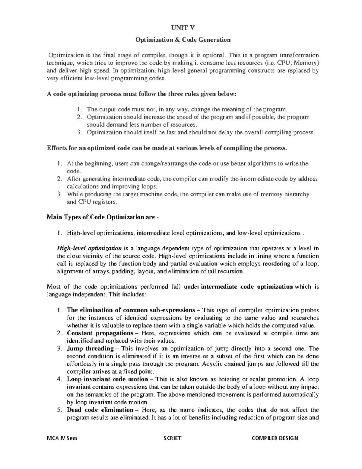 UNIT 5 Code Optimization and Generation Techniques in Compilers - Studocu