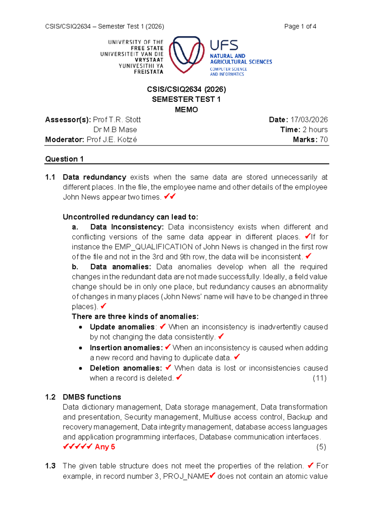 Semester Test 1 Memo (2026) - Data Redundancy & DBMS Functions - Studocu