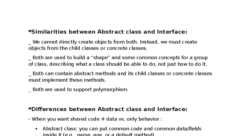 Comparing Abstract Class and Interface in Java: Key Differences - Studocu
