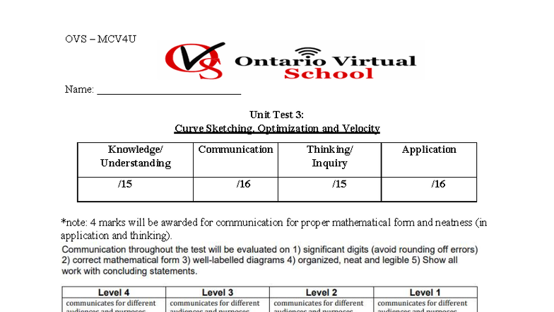 OVS MCV4U Unit Test 3: Curve Sketching & Optimization - Studocu