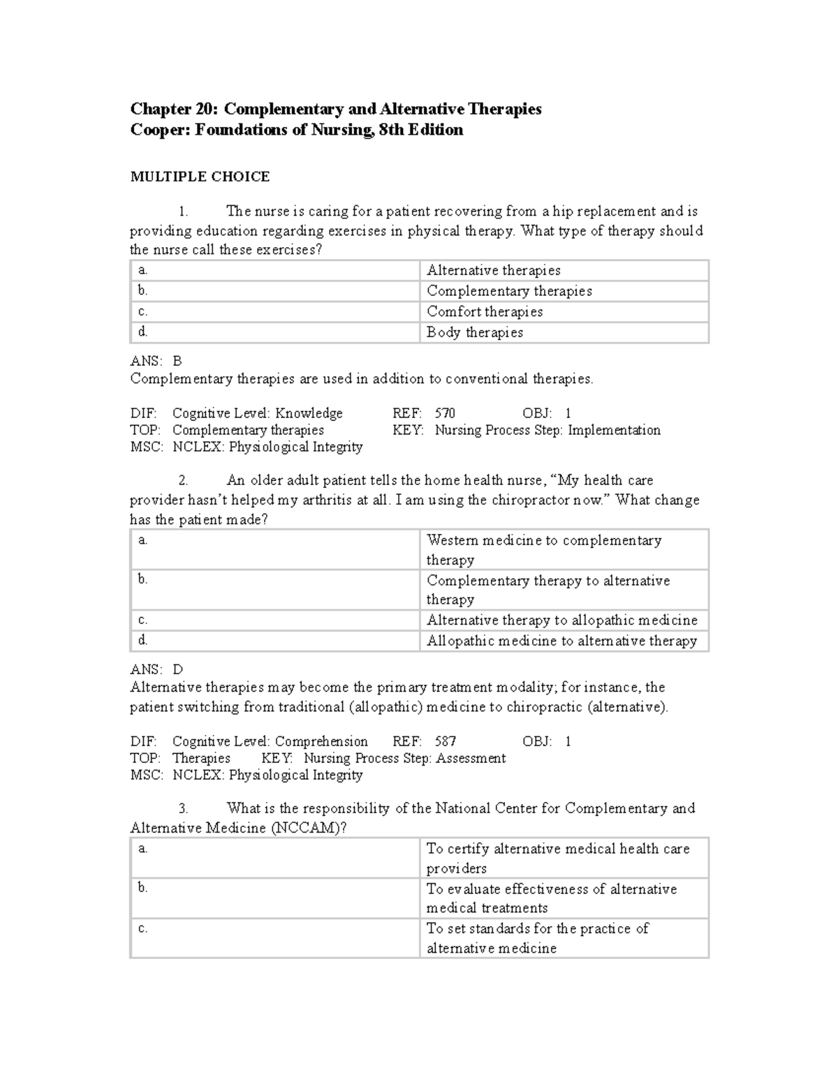 NCLEX Exam Prep: 20 Practice Questions on Complementary Therapies - Studocu
