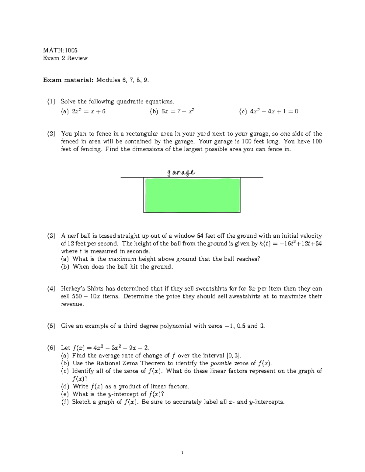 MATH:1005 Exam 2 Review - Quadratics, Polynomials, & Functions - Studocu
