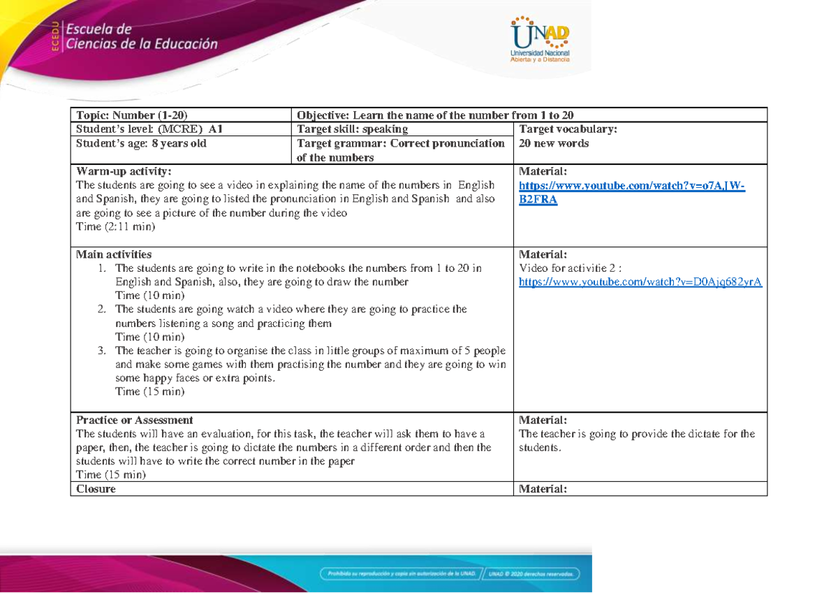 Anexo 1. Lesson plan format -Phase 2 Didactics of English - Topic: Number (1-20) Objective ...