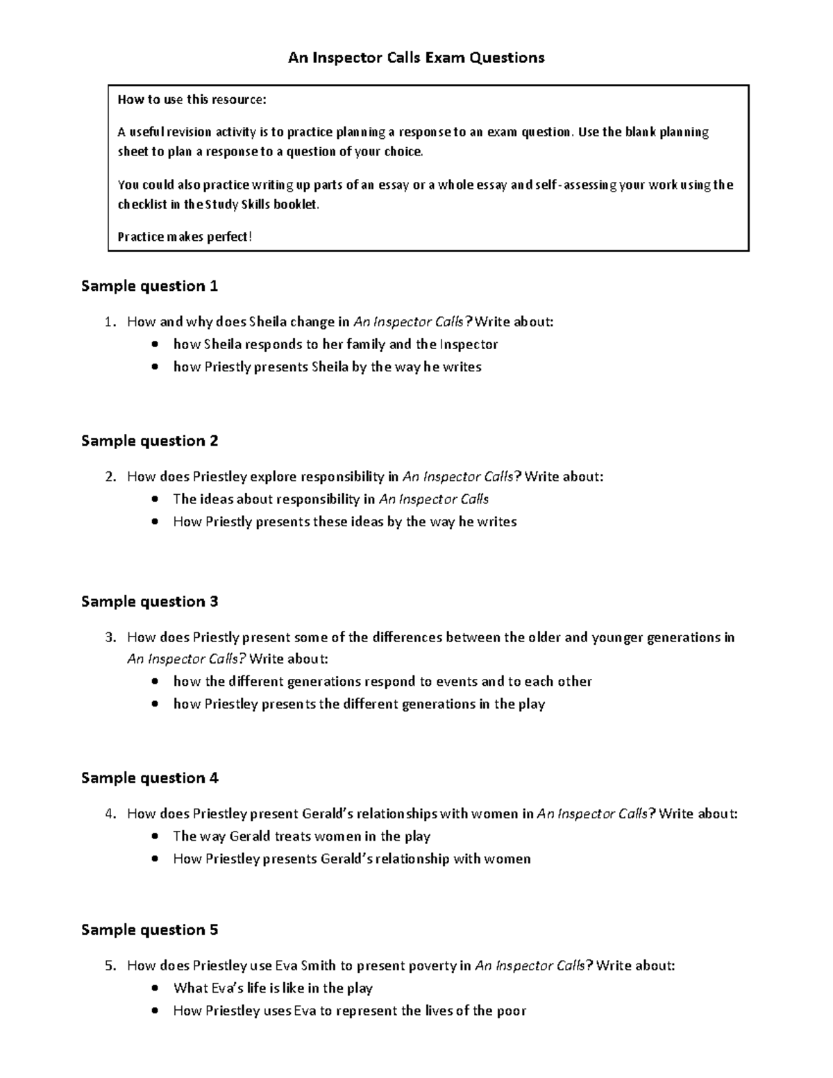 An Inspector Calls sample exam questions - An Inspector Calls Exam ...