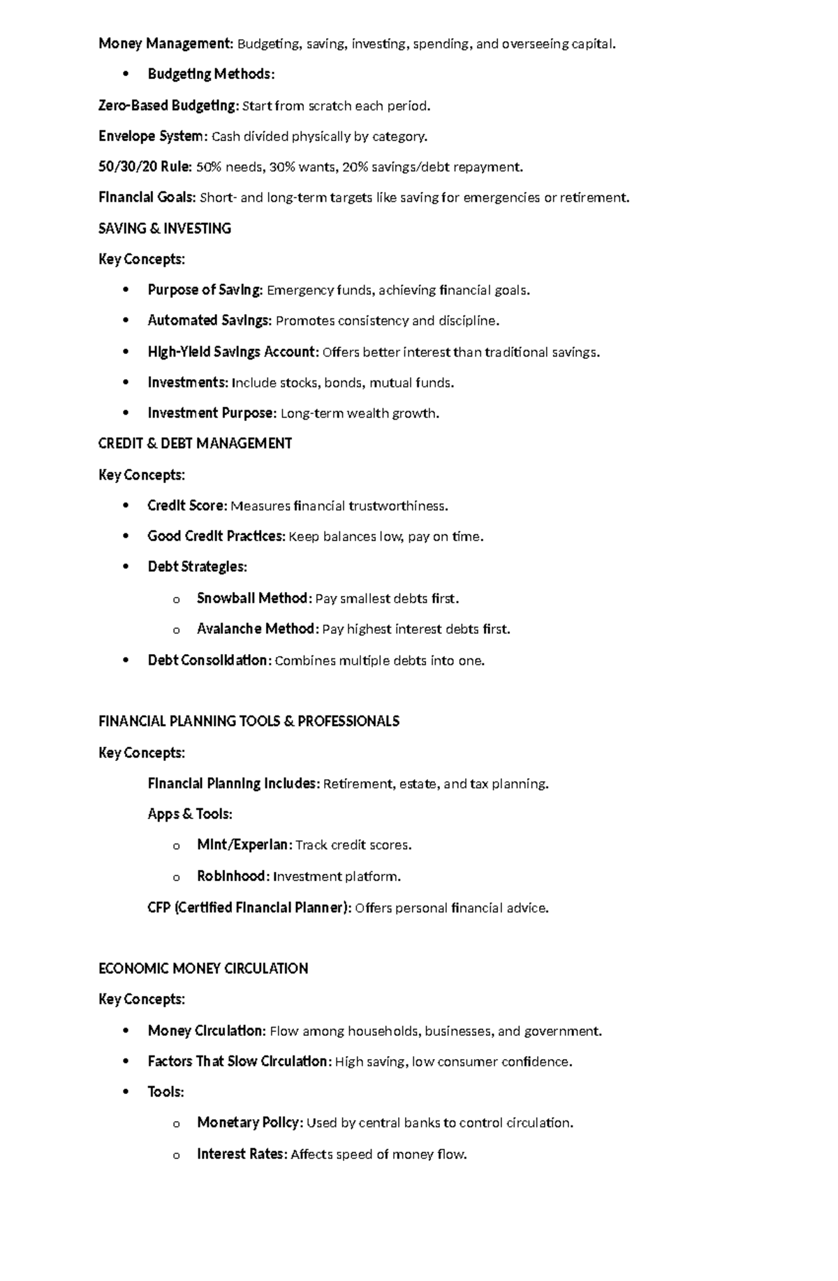 Money Management Review for Final Exam: Budgeting, Saving, and ...