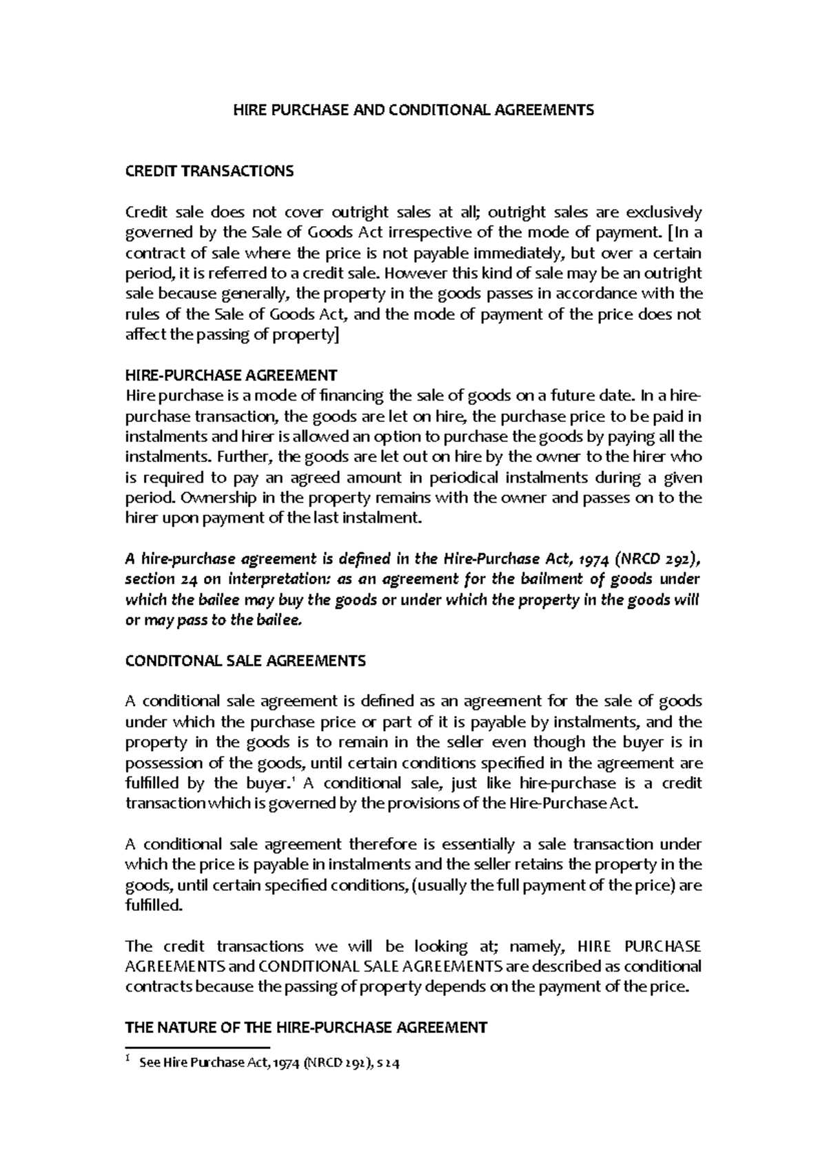 Hire Purchase Agreement & Conditional Sale Lecture 1 Overview - Studocu