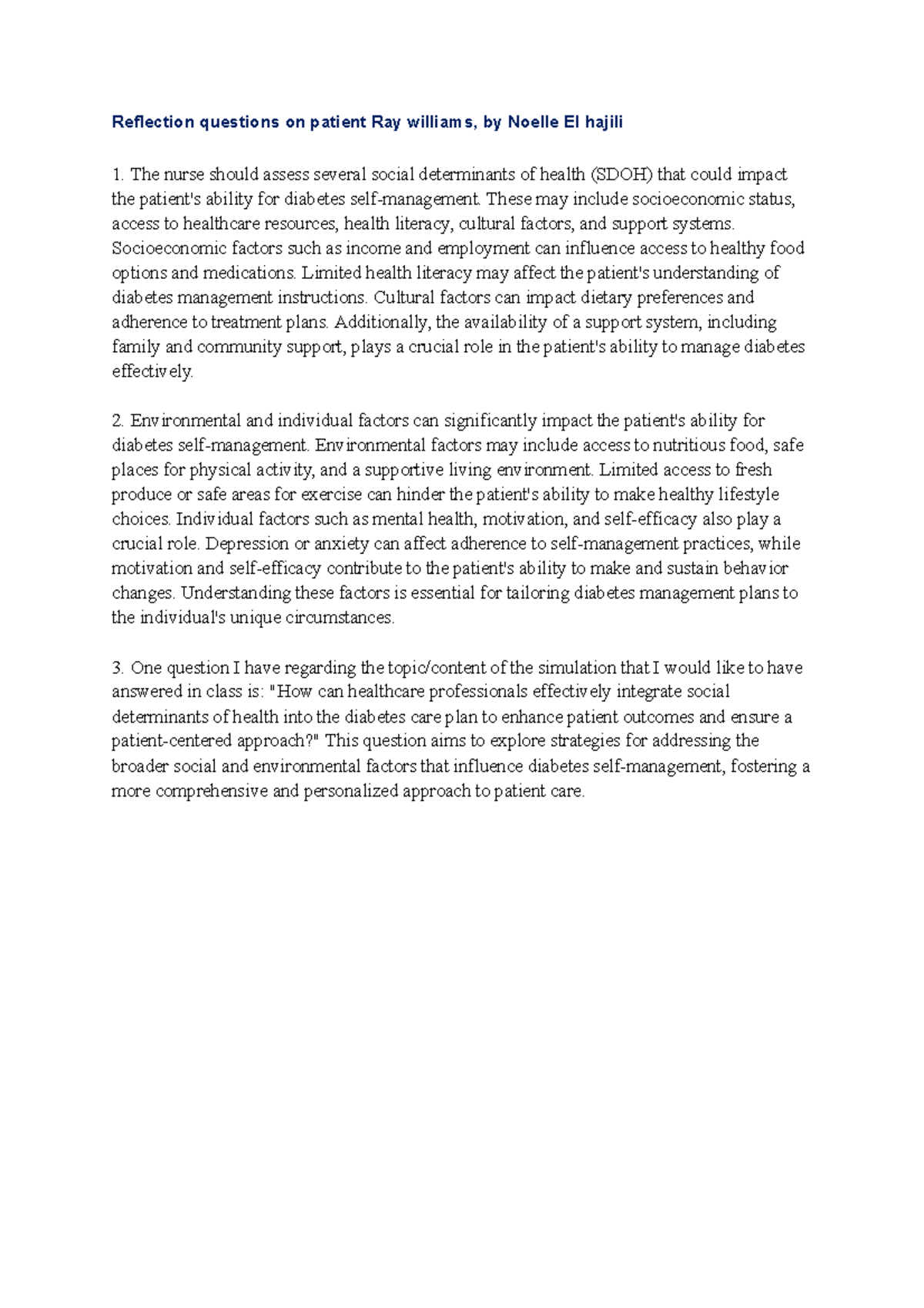 I-human Reflection questions - Reflection questions on patient Ray ...