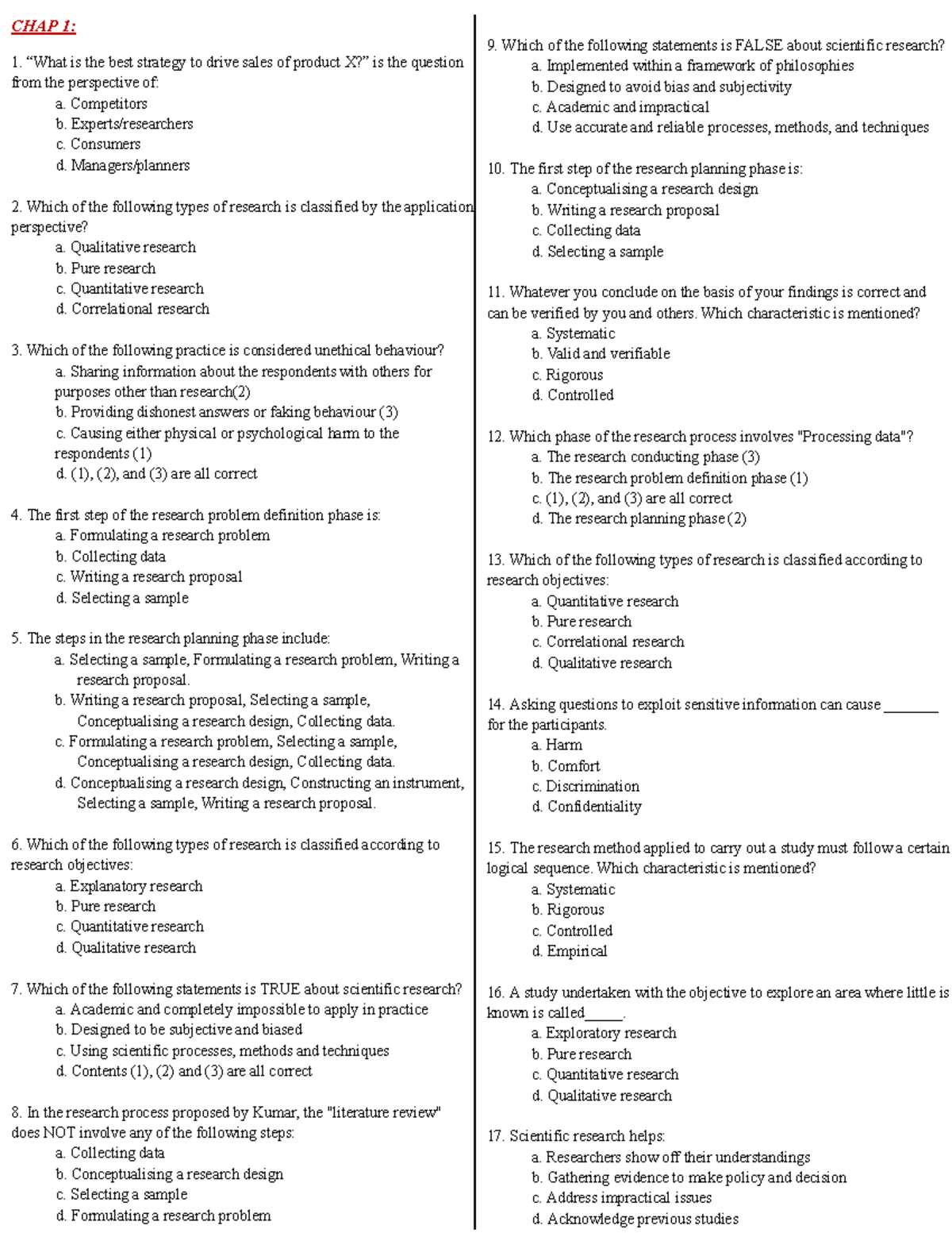 Trắc nghiệm RM - Multiple Choice Questions for Research Method Exam ...