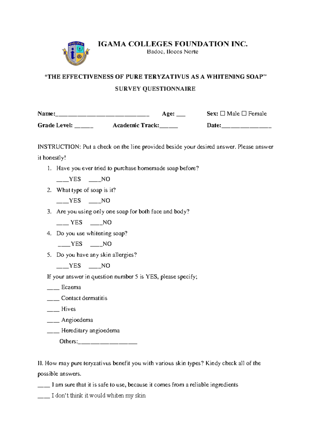 Survey Questionnaire on Pure Teryzativus Whitening Soap Effectiveness ...