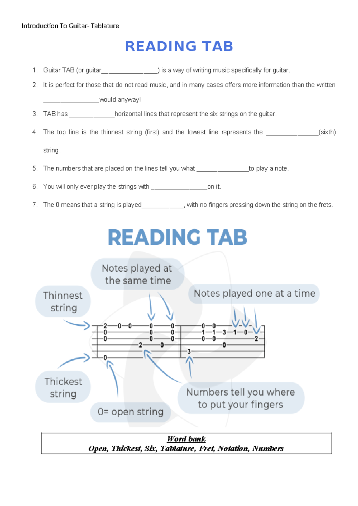 Guitar TAB Basics: Understanding Tablature Notation Worksheet - Studocu