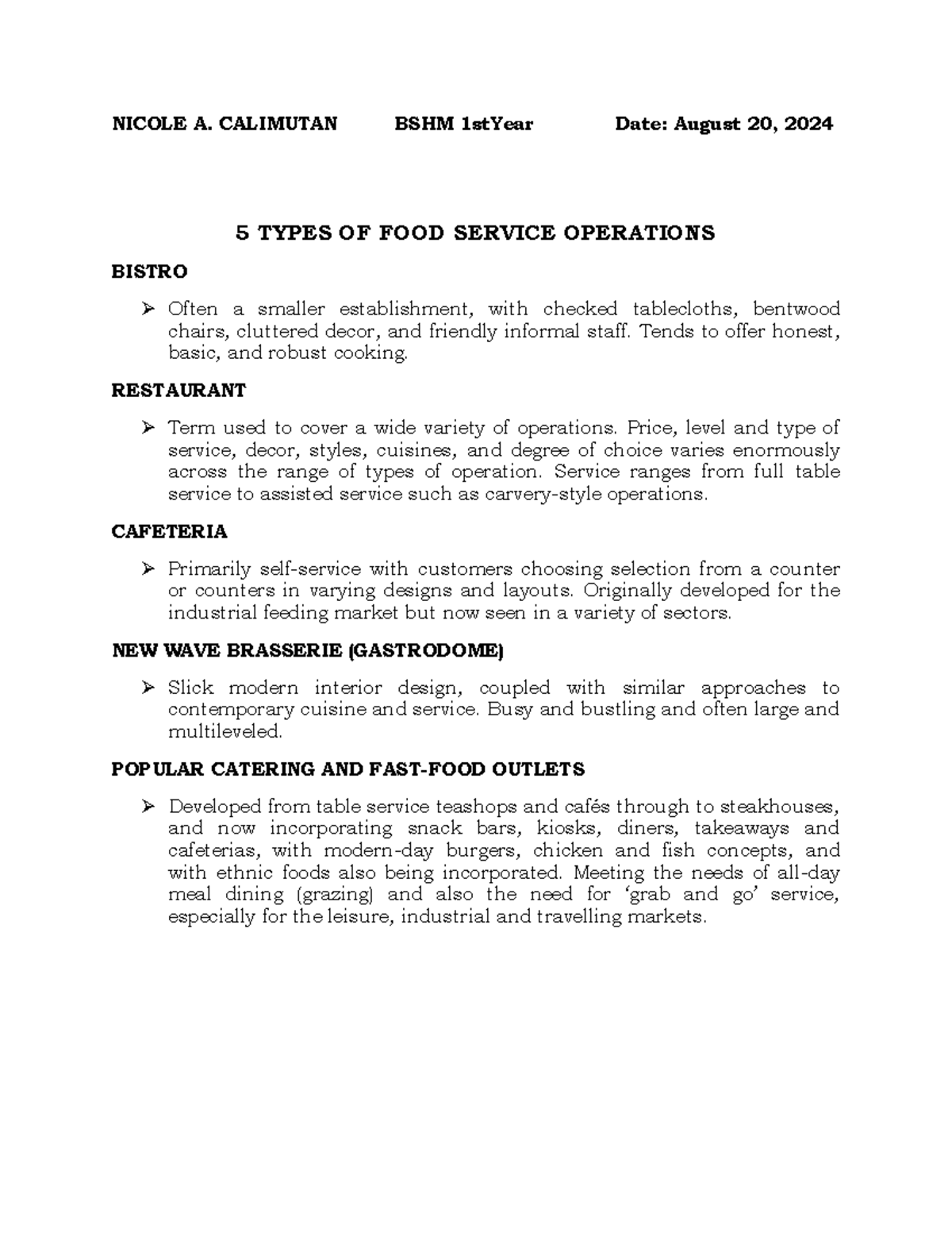 5 Types of Food Service Operations - BSHM 1st Year Notes - Studocu