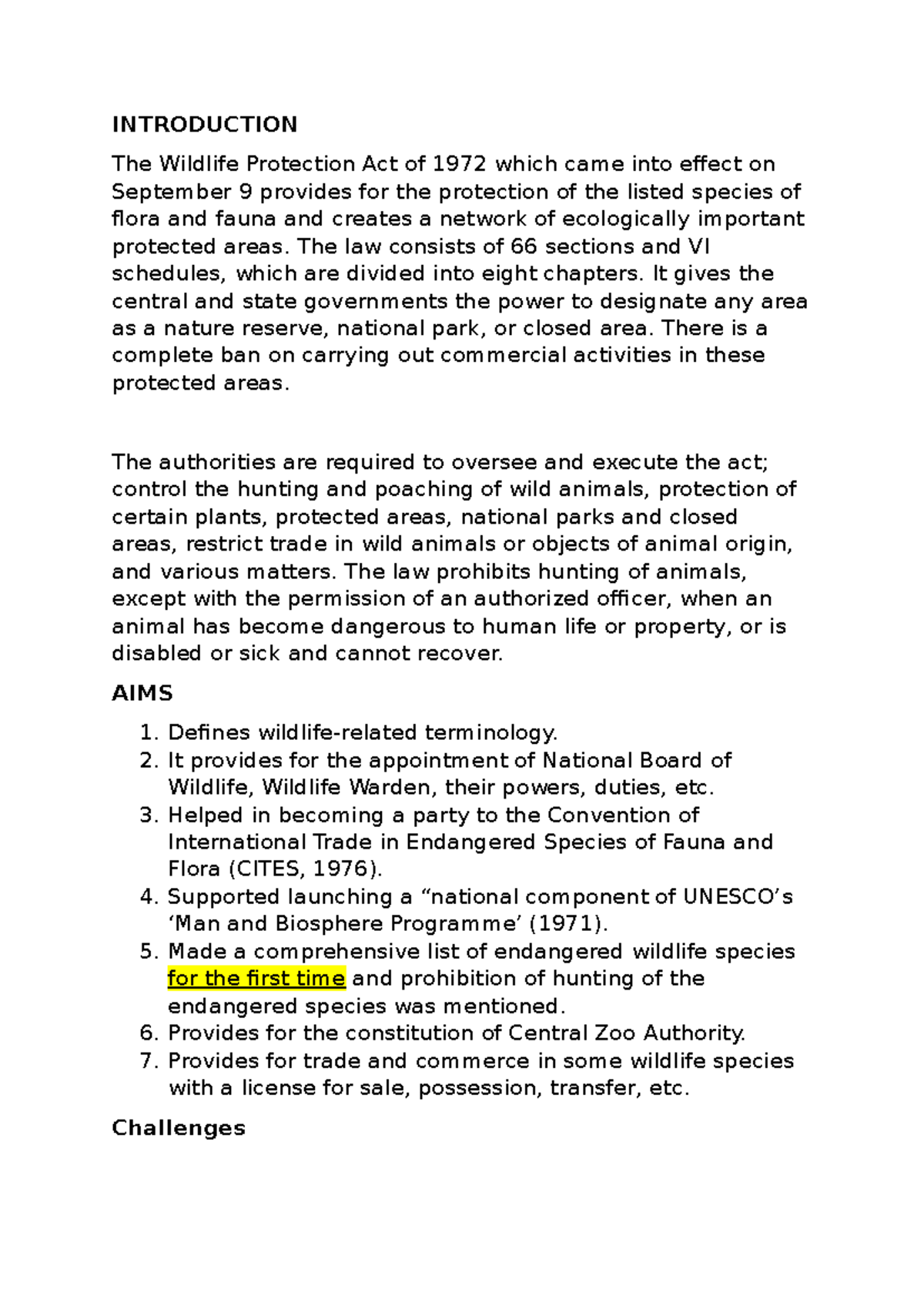 WPA 1972: Overview and Key Provisions of Wildlife Protection Act - Studocu