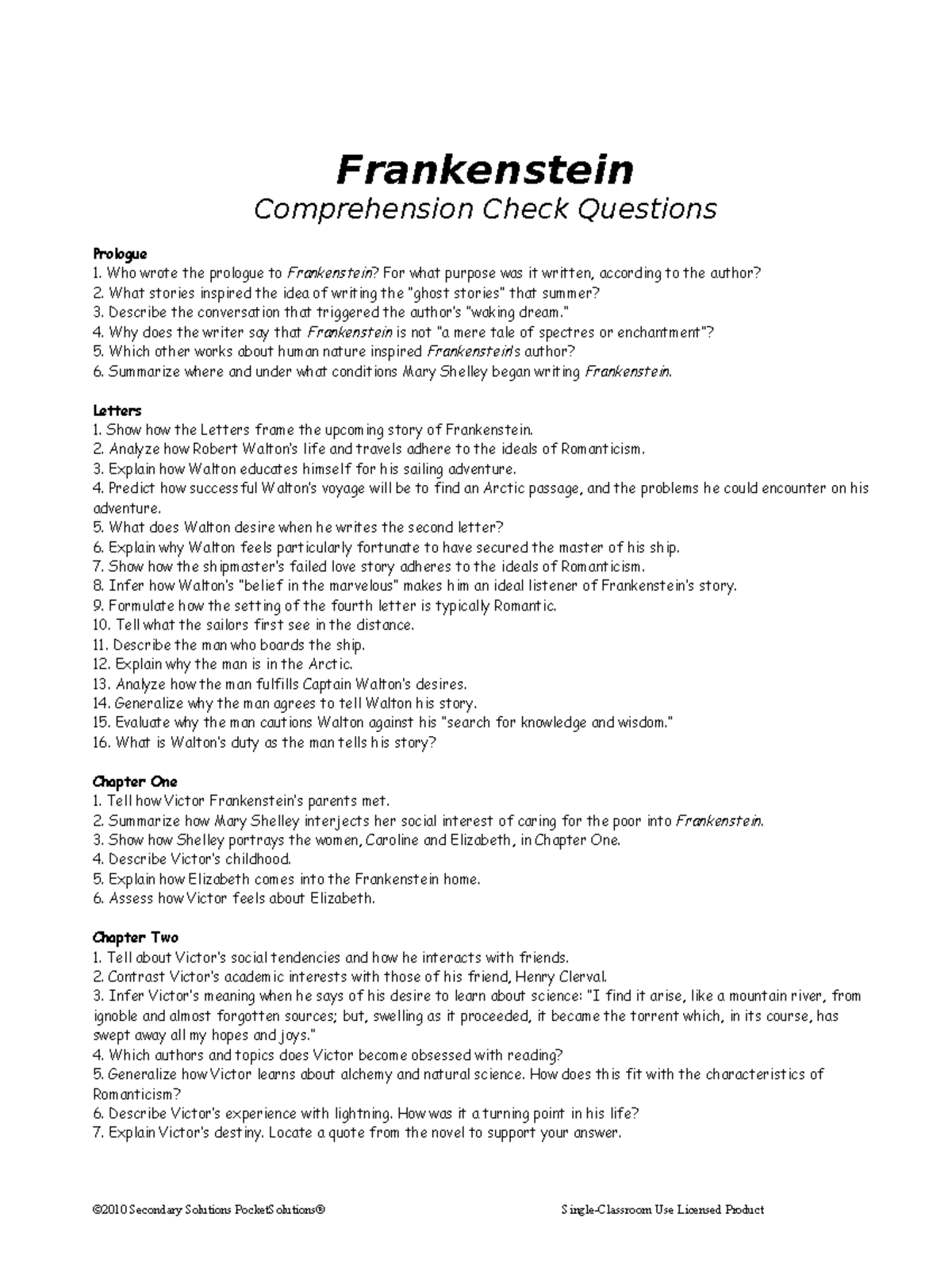 Frankenstein (ENG 101) Comprehension Check Questions and Analysis - Studocu