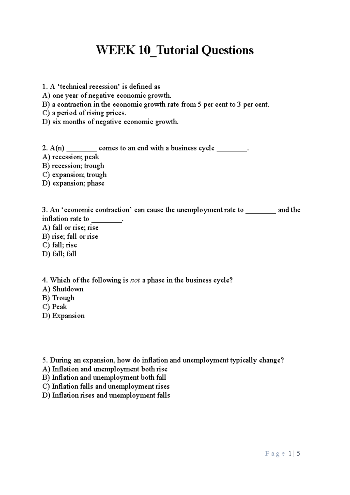 Week 10 Tutorial Questions - Economic Growth & Business Cycle Analysis ...