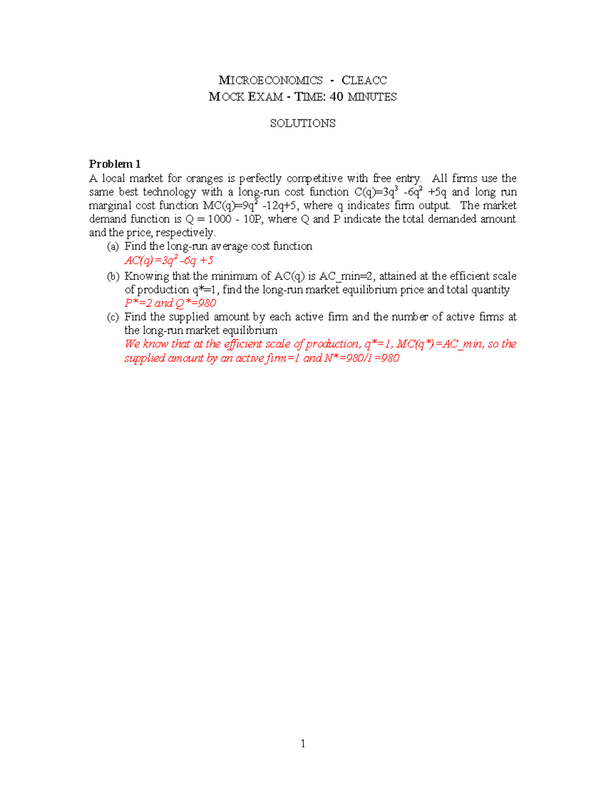 MICROECONOMICS CLEACC MOCK EXAM SOLUTIONS - 2025 - Studocu