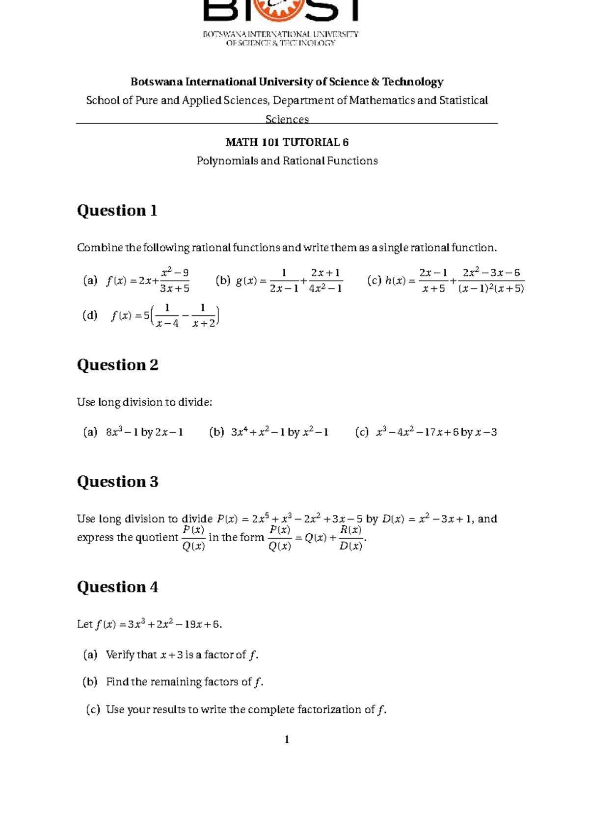 MATH 101 Tutorial 6: Combining Polynomials & Rational Functions - Studocu