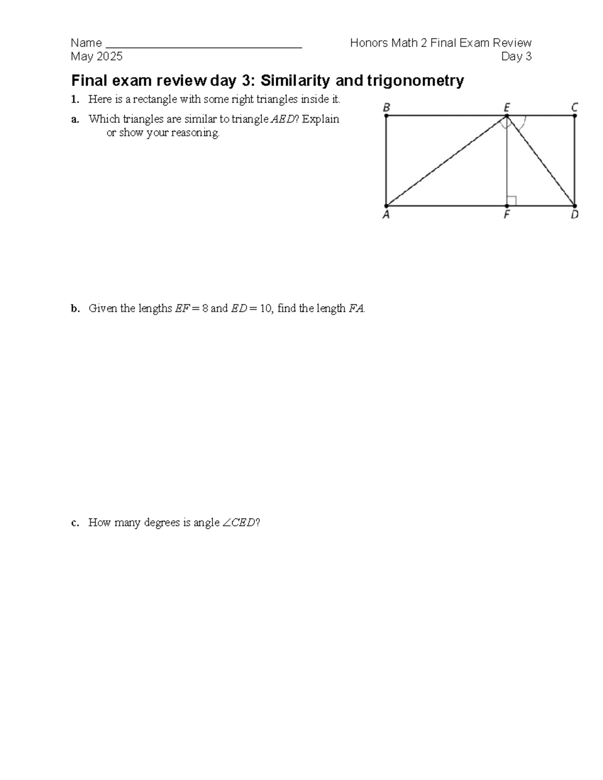 Honors Math 2 Final Exam Review: Similarity & Trigonometry Insights ...