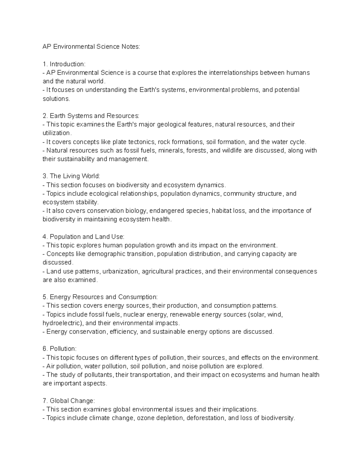 AP Environmental Science Lecture Notes: Key Concepts & Topics - Studocu