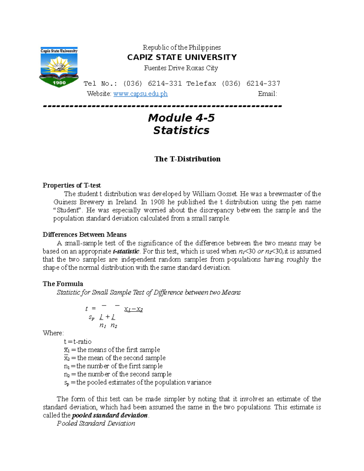 Stat Module-4-5 - Answer - Republic of the Philippines CAPIZ STATE ...