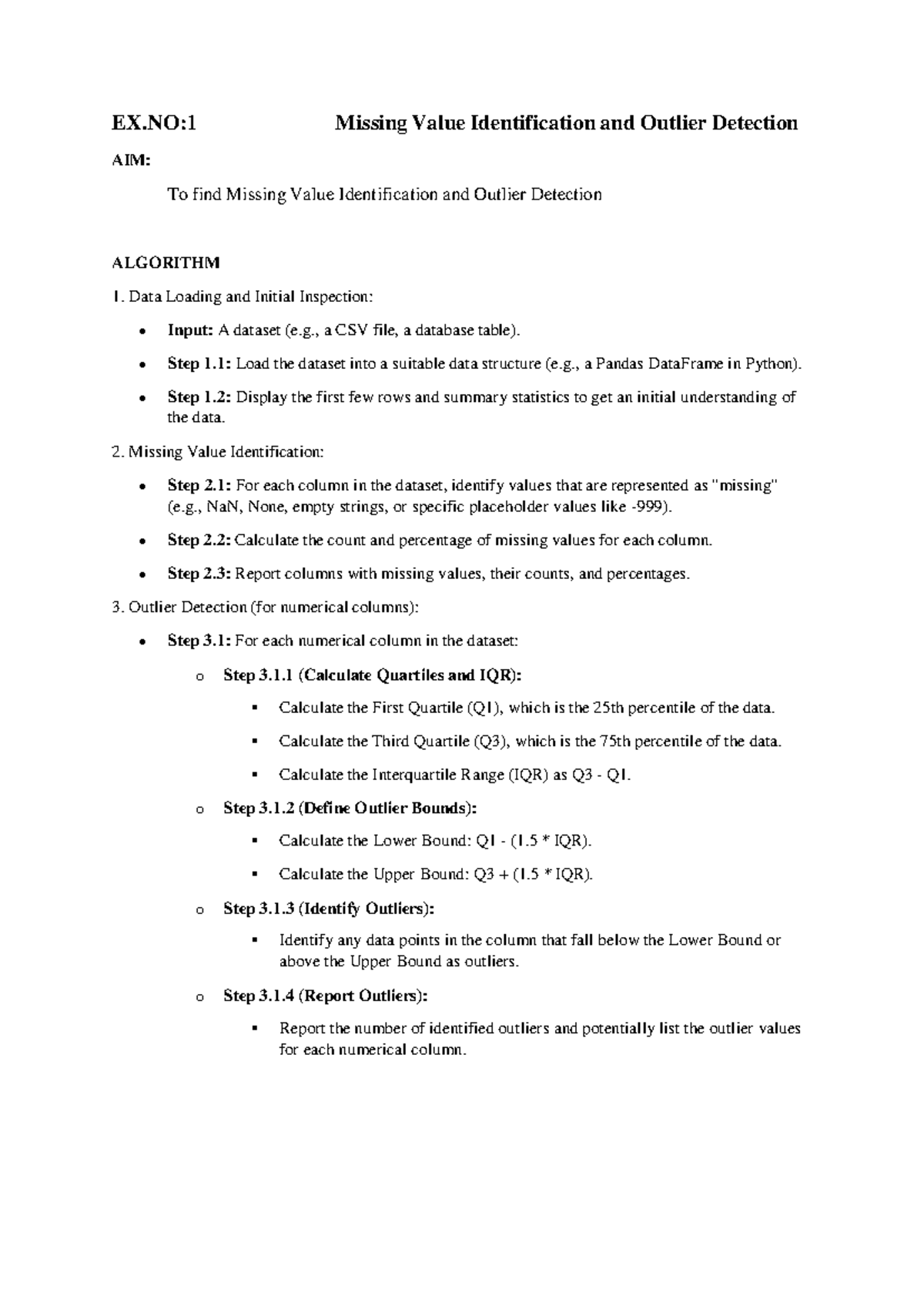 AIM & Procedure-1: Python Lab on Missing Values & Outlier Detection ...