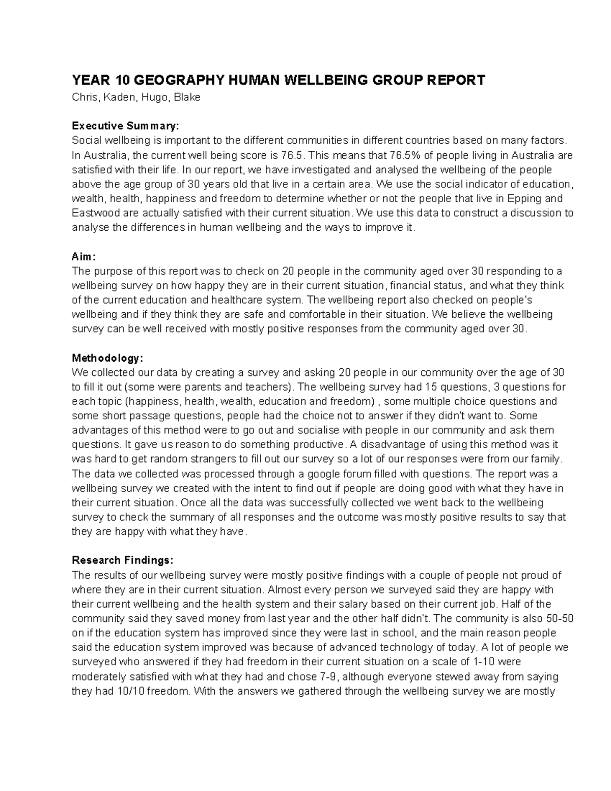 Year 10 Geography Wellbeing Fieldwork Group Report - Studocu