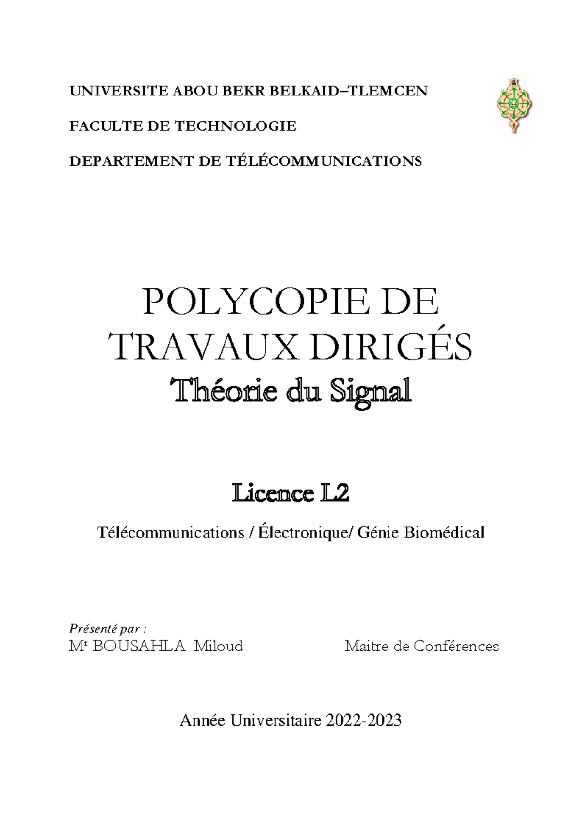 Polycopié de TD en Théorie du Signal TS 422 - L2 TTL - Studocu