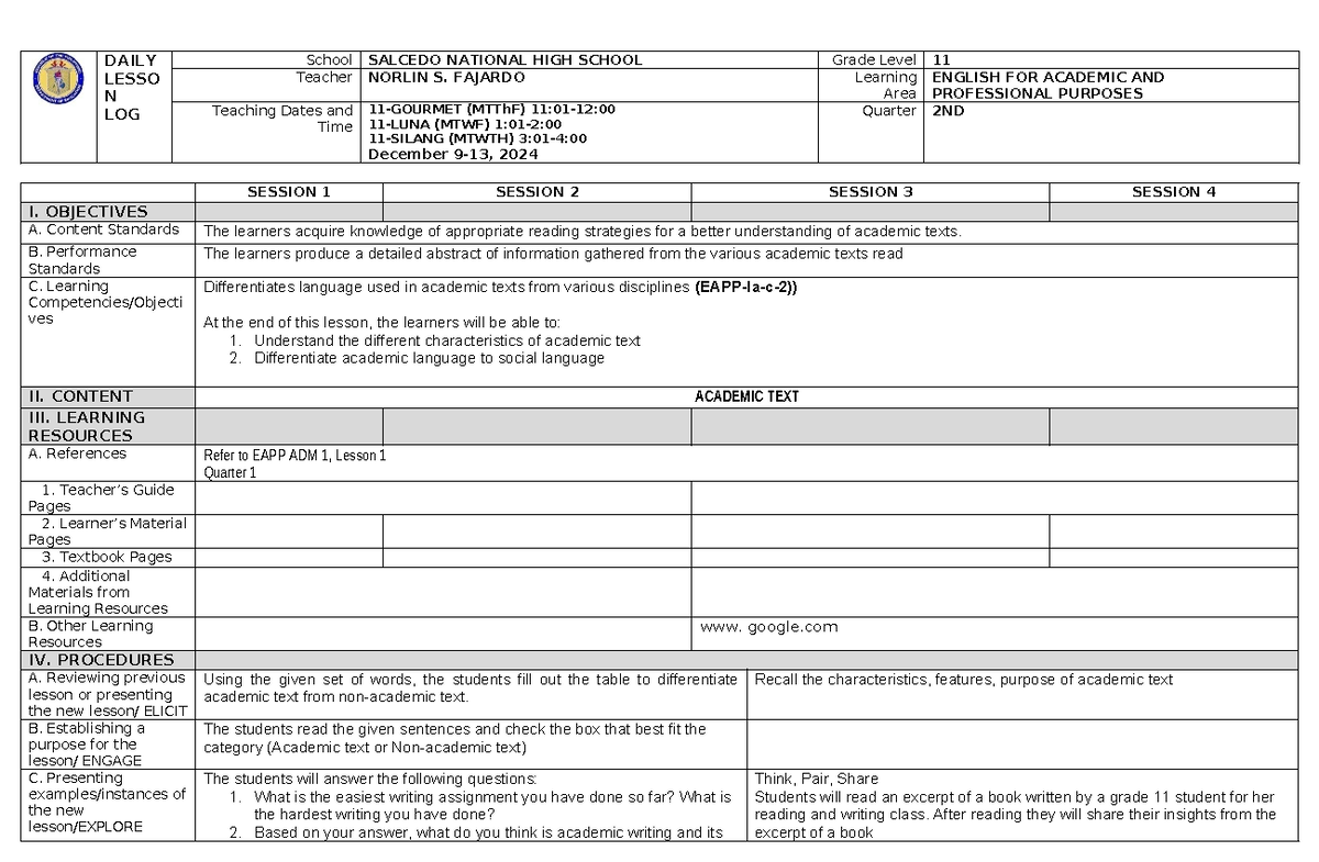 WEEK 1 EAPP - lesson log - DAILY LESSO N LOG School SALCEDO NATIONAL ...