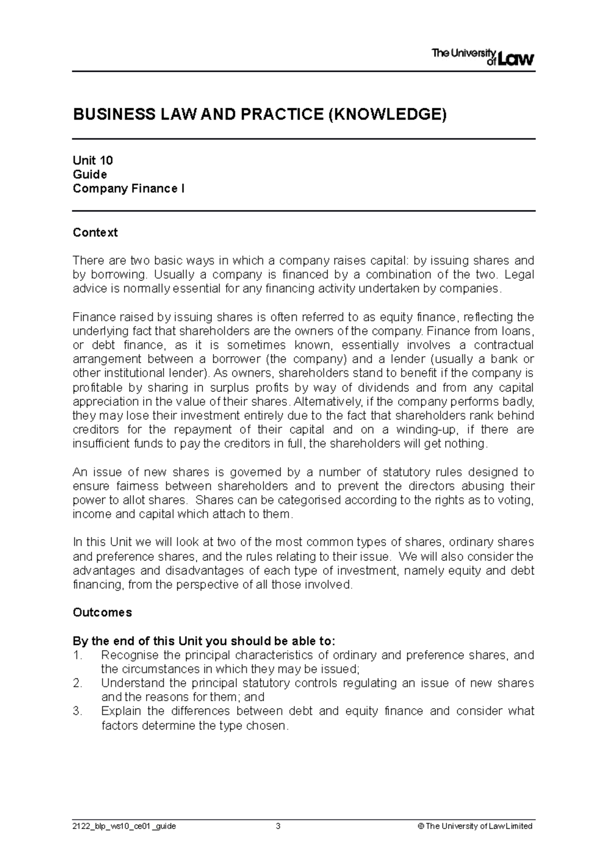 Business Law & Practice (BLP) Unit 10: Company Finance I Guide - Studocu