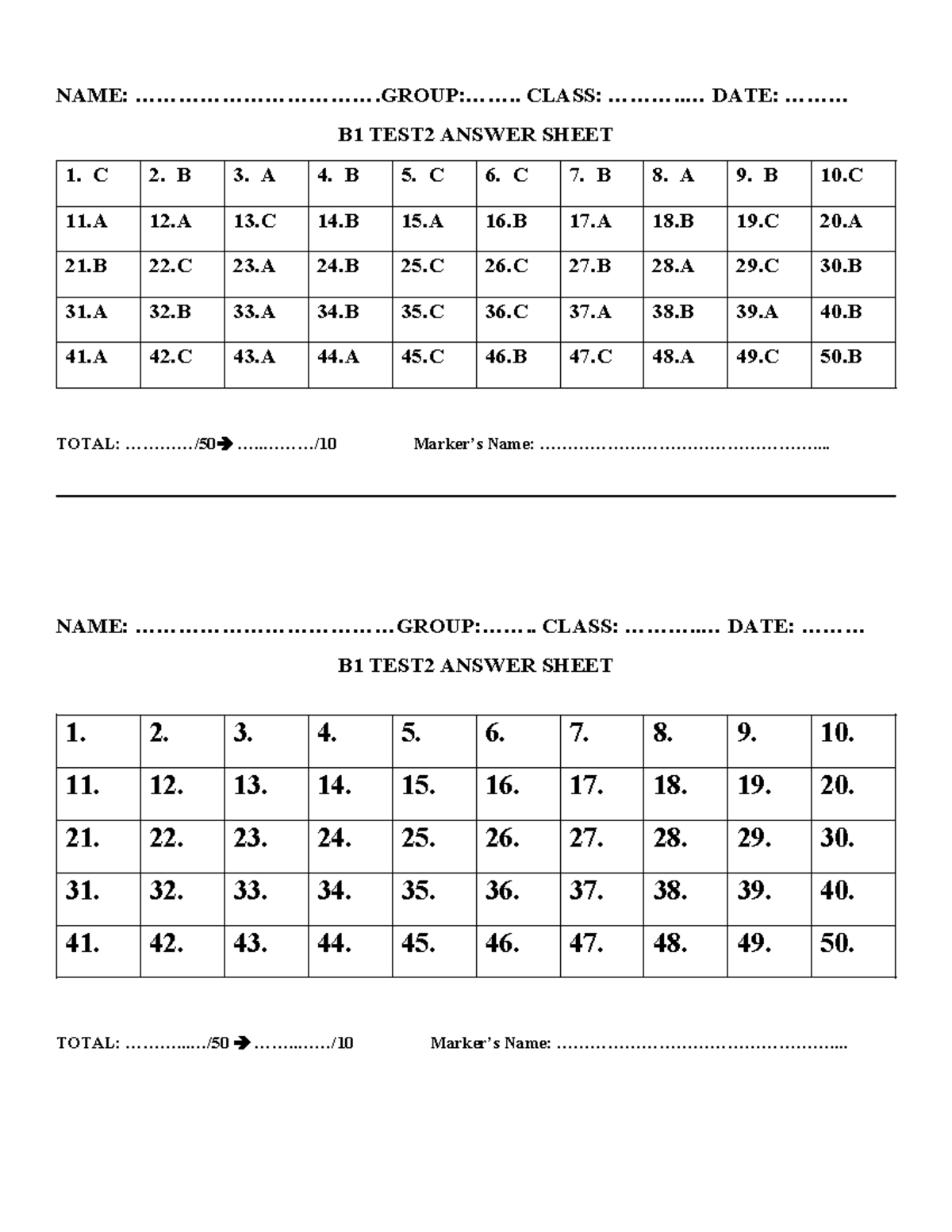 B1 TEST 2 Answer Sheet - Student Responses and Scoring - Studocu