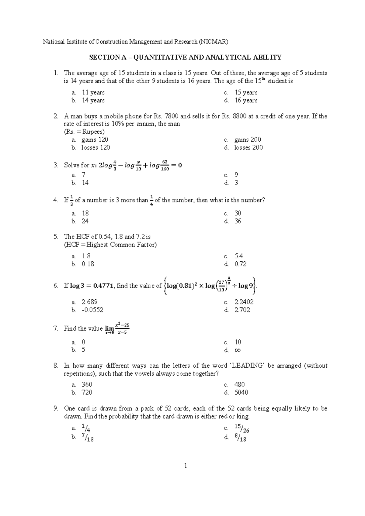NCAT Quantitative & Analytical Ability Sample Paper - Studocu