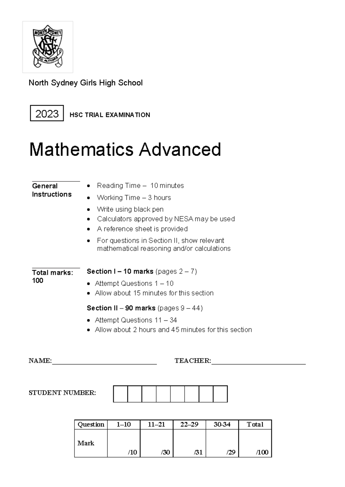 2023 HSC Trial Exam - Mathematics Adv - Question Paper - Studocu