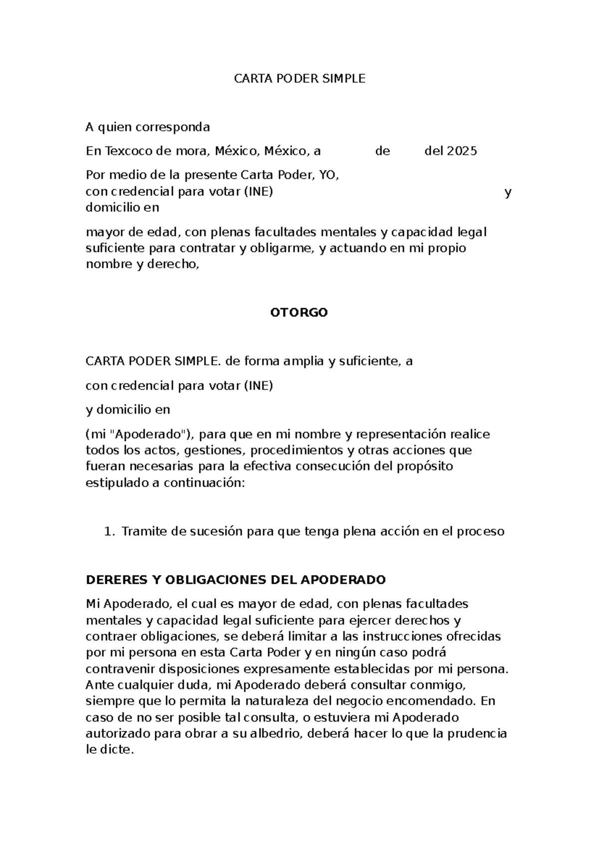 CARTA PODER SIMPLE - Documento (63) - Texcoco, México 2025 - Studocu