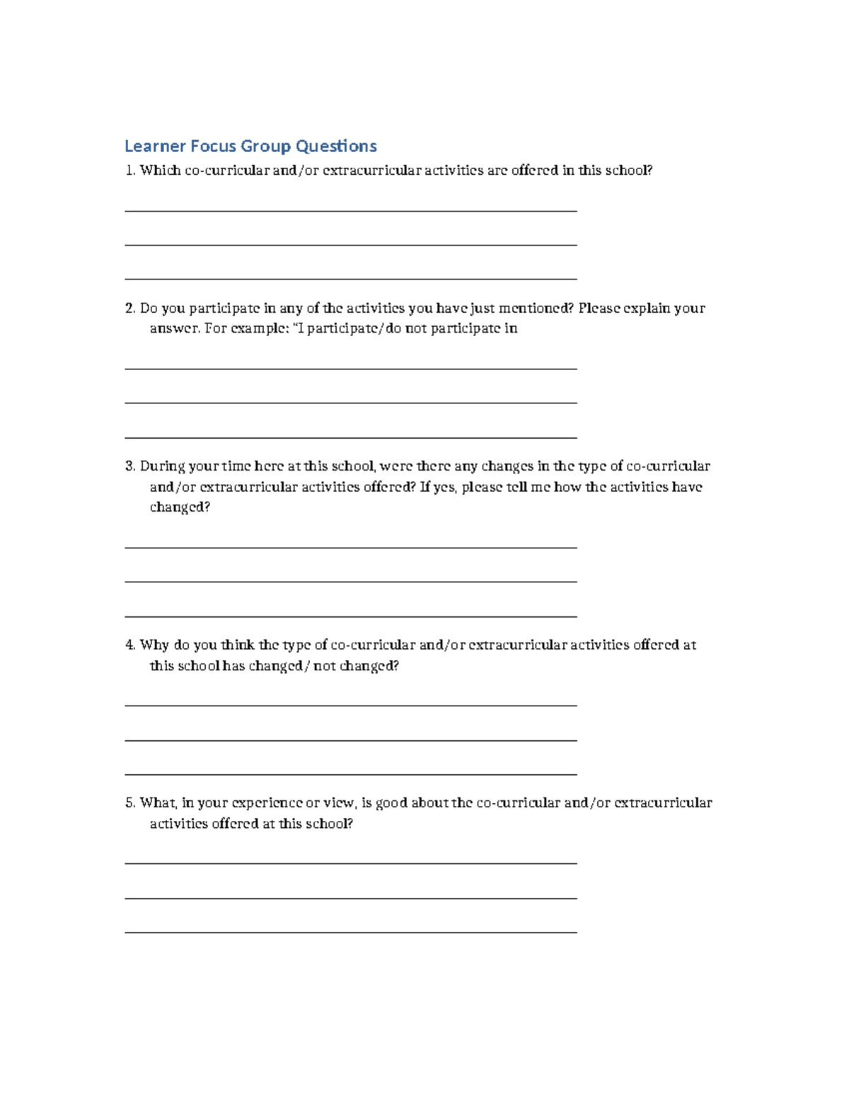 Focus Group Questions on Extracurricular Activities - Studocu