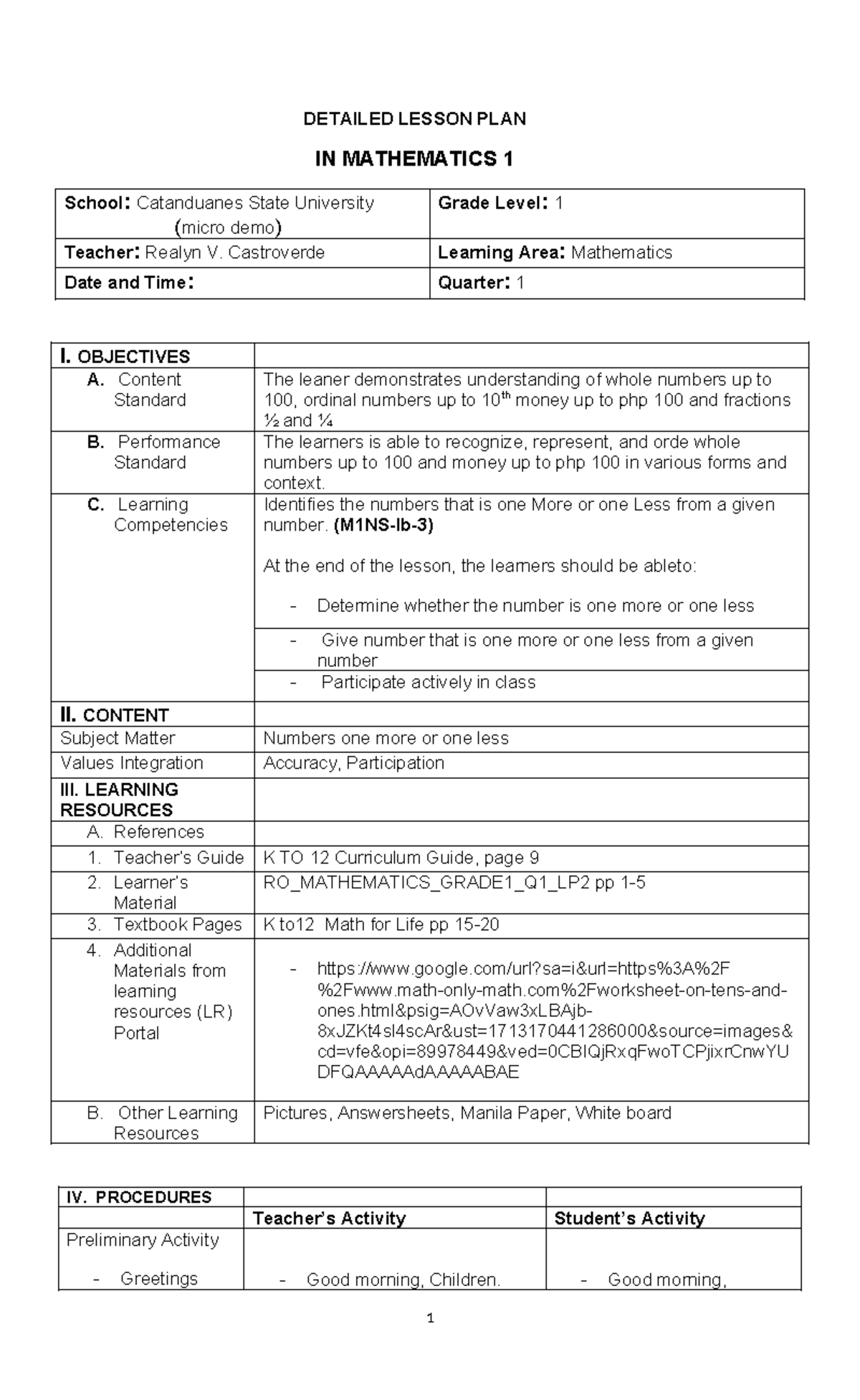 Detailed Lesson Plan in Mathematics 1: Identifying One More or One Less ...