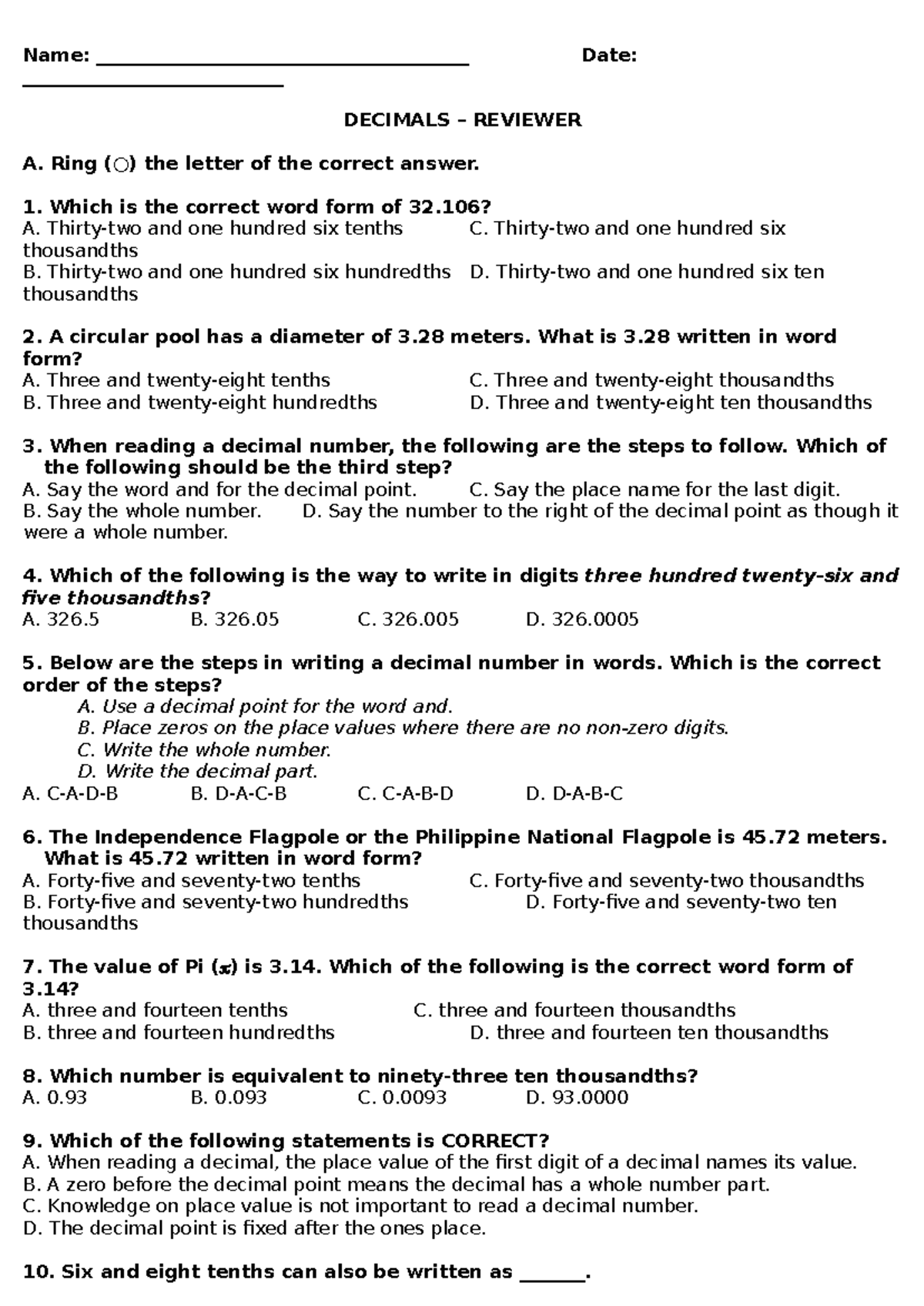 MATH 101: Decimals Review - Practice Questions and Answers - Studocu
