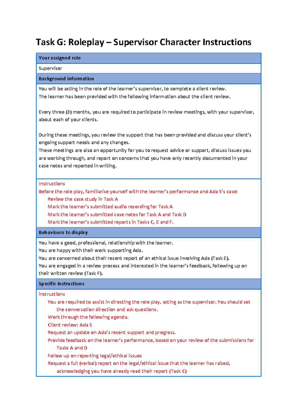 Task G: Supervisor Roleplay Instructions for Client Review - Studocu