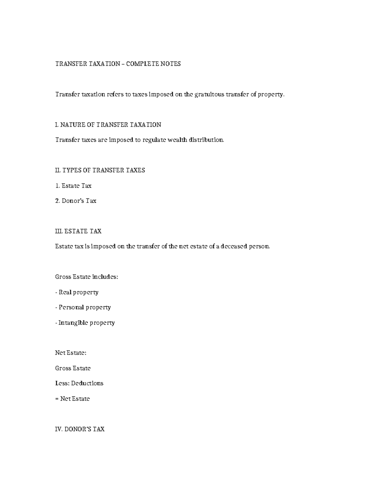 TRANSFER TAXATION NOTES: TYPES & NATURE OF TAXES - Studocu