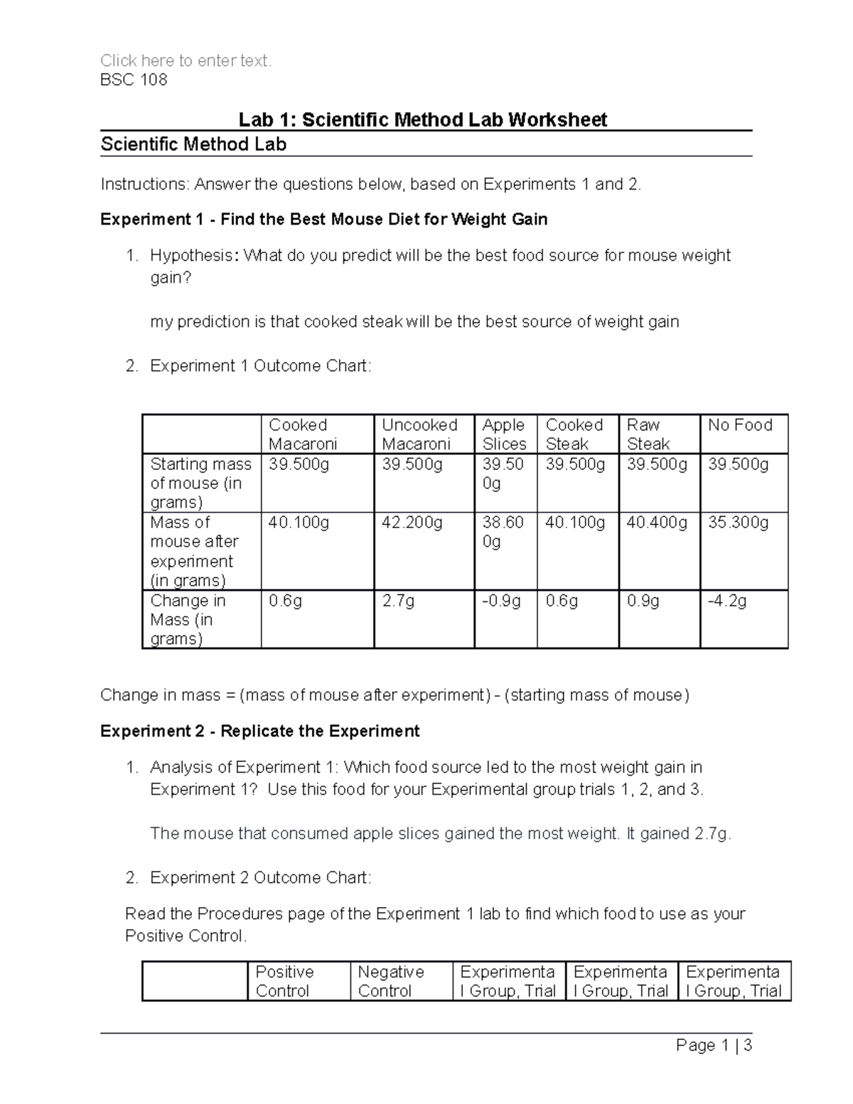 BSC 108 Lab 1: Scientific Method Lab Worksheet - Studocu
