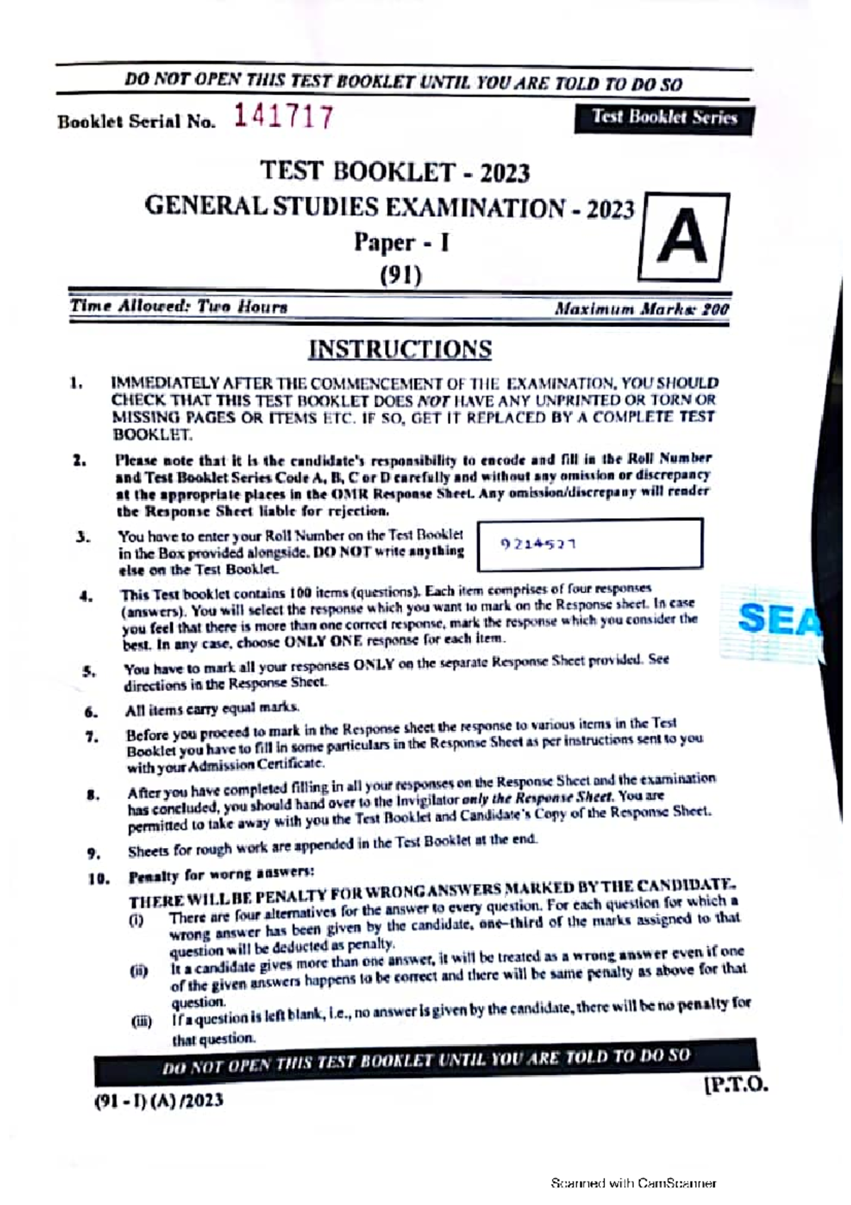 JKAS-2023 General Studies Exam Paper I - Test Booklet Instructions and ...